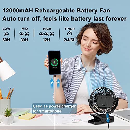 Portable Fan with Remote Control & Timer & LED Lights, 60hrs 12000mAh USB Rechargeable Battery Fan Could Clamp/Hanging/Stand Up, Small Clip on Fan for Baby Stroller, Bed, Desk, Camping Tent, Trave