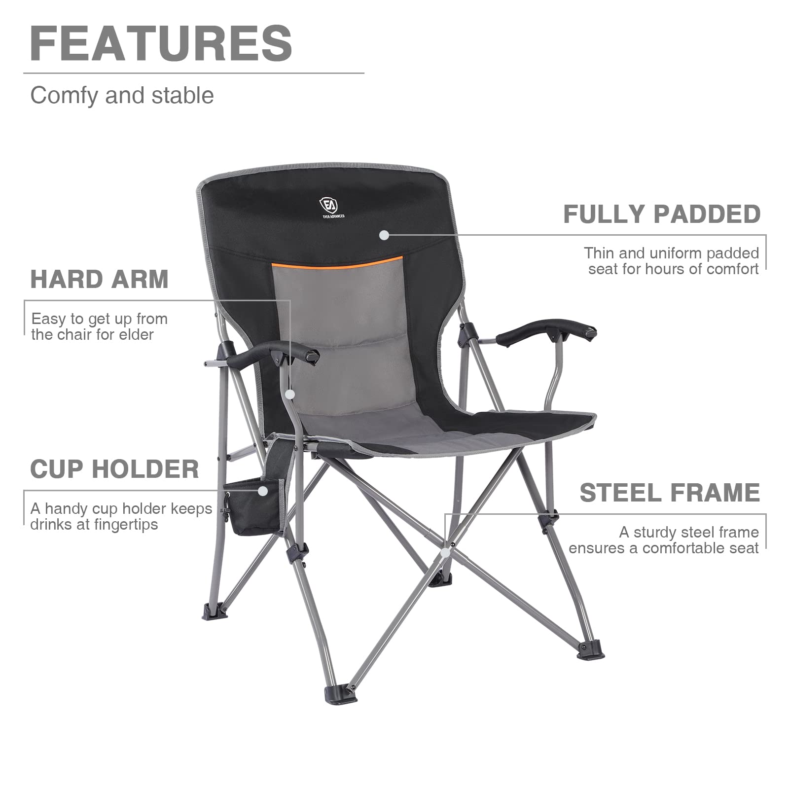 EVER ADVANCED Folding Camping Chair with Cup Holder Quad Padded Arm, Outside Portable Collapsible Steel Frame Oversized Heavy Duty Supports 300 lbs