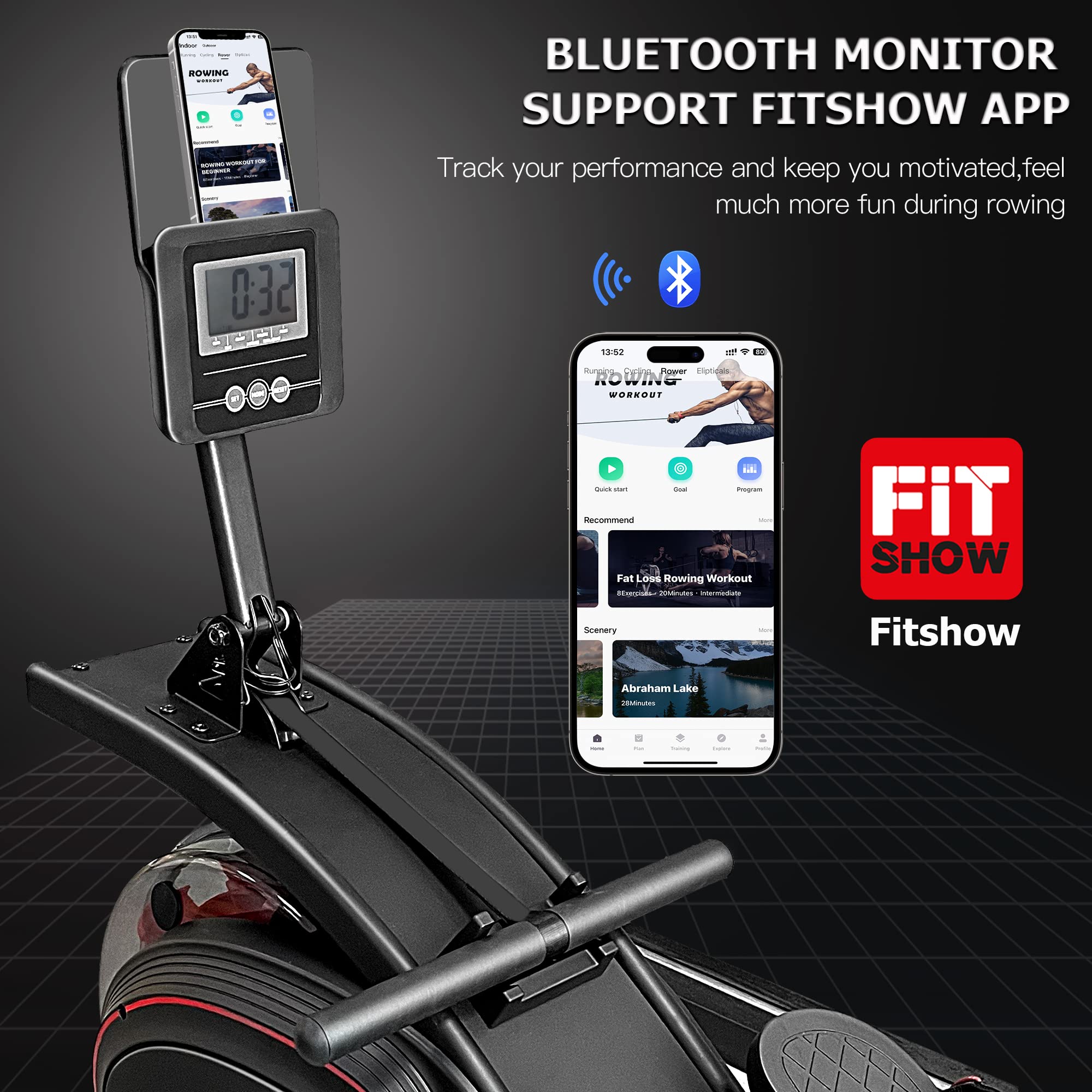 ETONSUNNY Water Rowing Machine with Vertical Tank, Water Rower Machine with Bluetooth, Support 330 LBS Weight with LCD Monitor Rowing Machine for Home Use