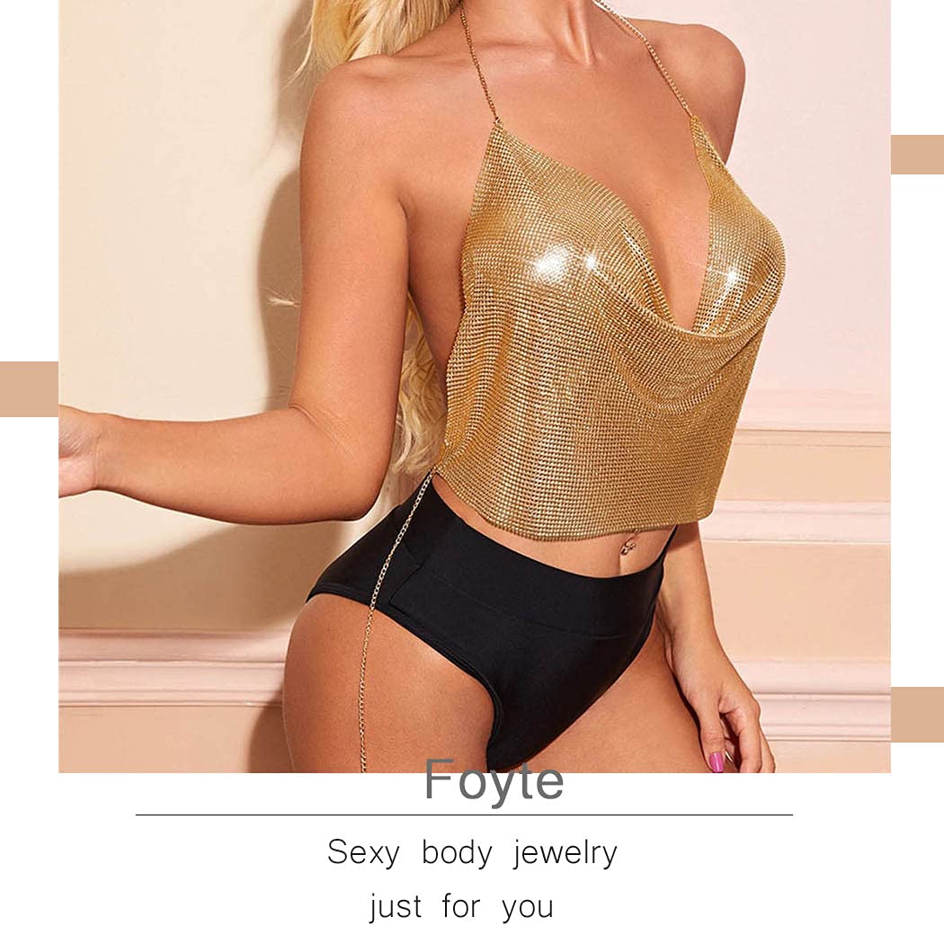 Fairyu Boho Sequins Body Chain Bra Bikini Shimmer Backless Halter Crop Top Beach Body Jewelry Accessory for Women and Girls (Gold)