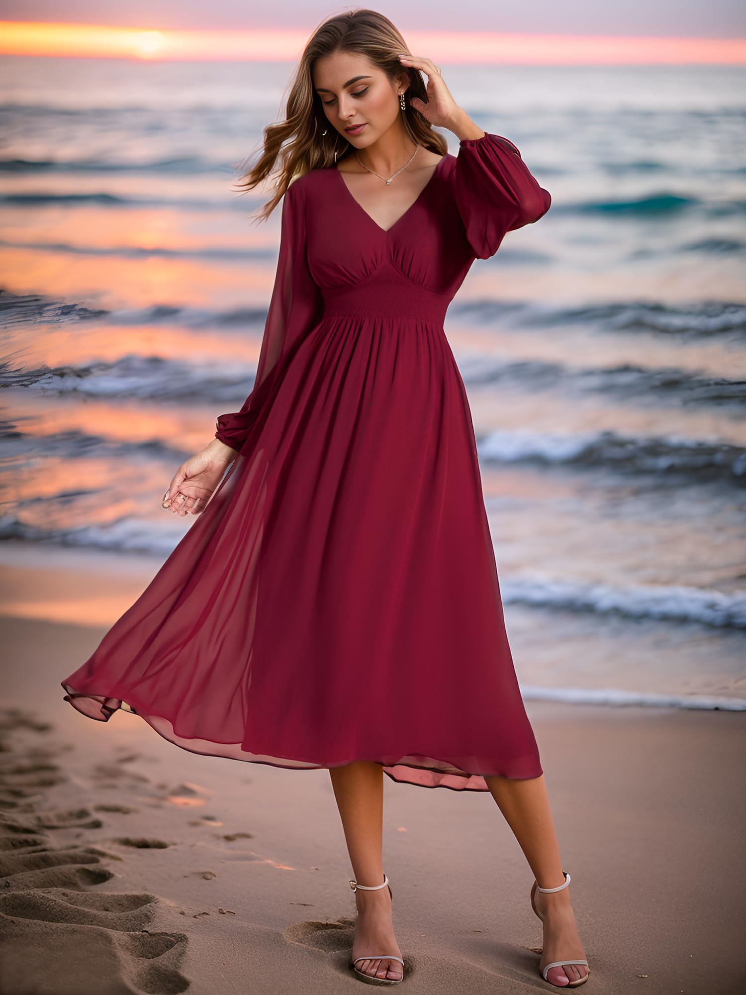 Ever-Pretty Women's Chiffon Long Sleeve Elastic Waist A-Line Knee Length Wedding Guest Dresses Burgundy US16