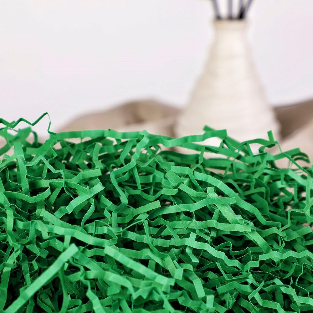 PLINJOY 4 OZ Crinkle Cut Paper Shred Filler for Gift Basket Shredded Confetti Paper Box Stuffing Easter Basket Grass (Green)