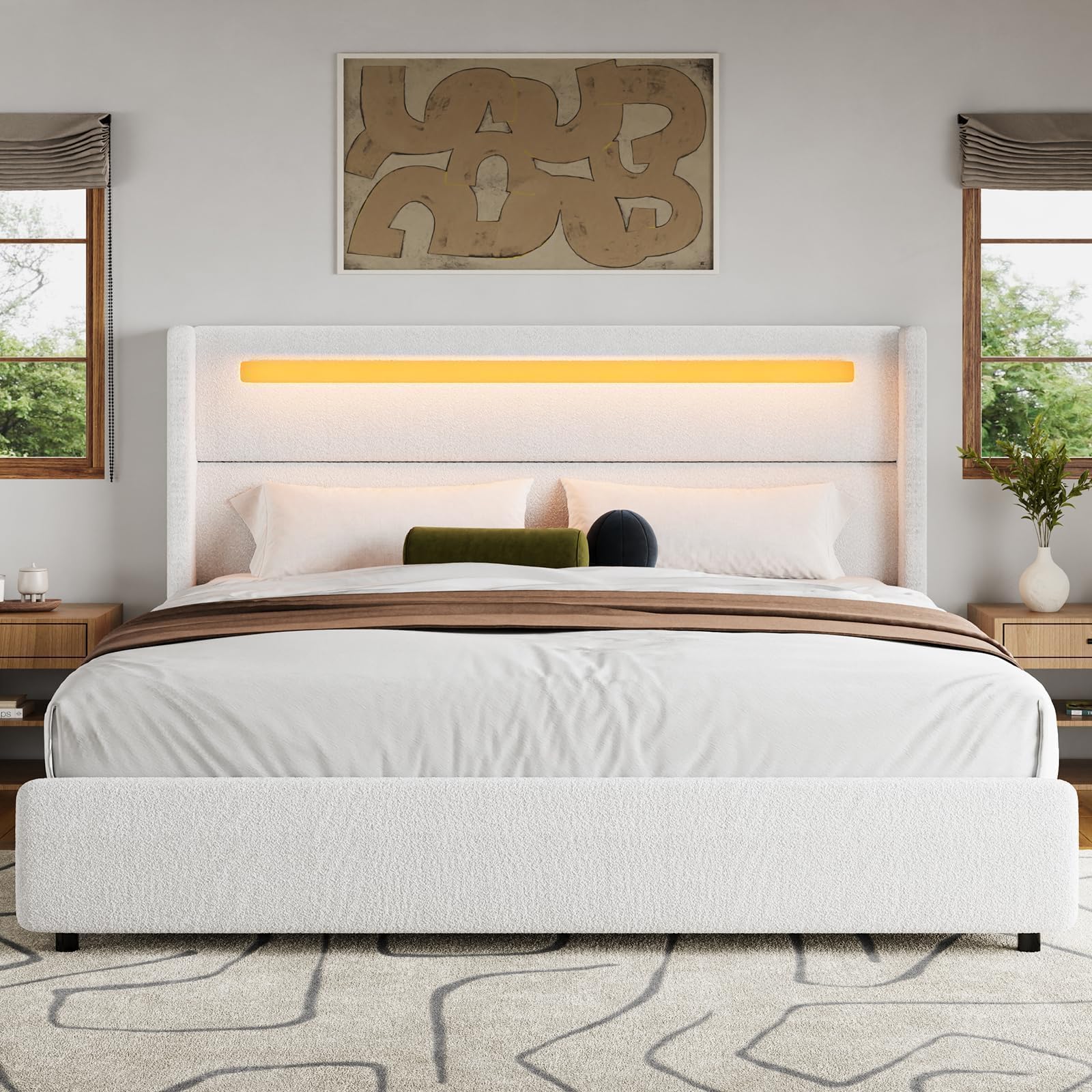 HOMBCK Queen Size Boucle Bed Frame with Headboard, Upholstered Platform Bed with Wood Slats, Soft Bed Frame with Wingback, No Box Spring Required, Easy Assembly, White