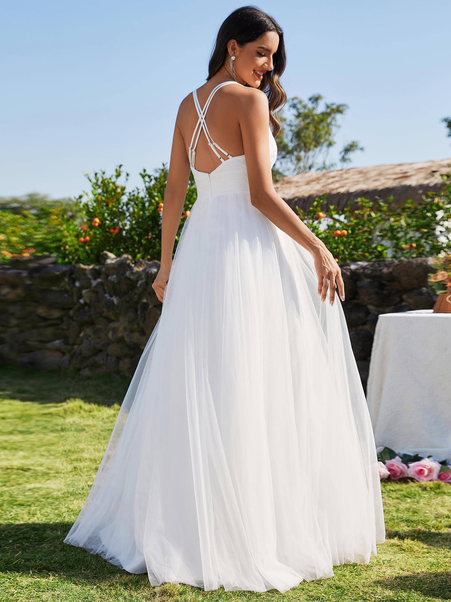 Ever-Pretty Women's Appliques Tulle A-Line V Neck Open Back Wedding Guest Dress White US16