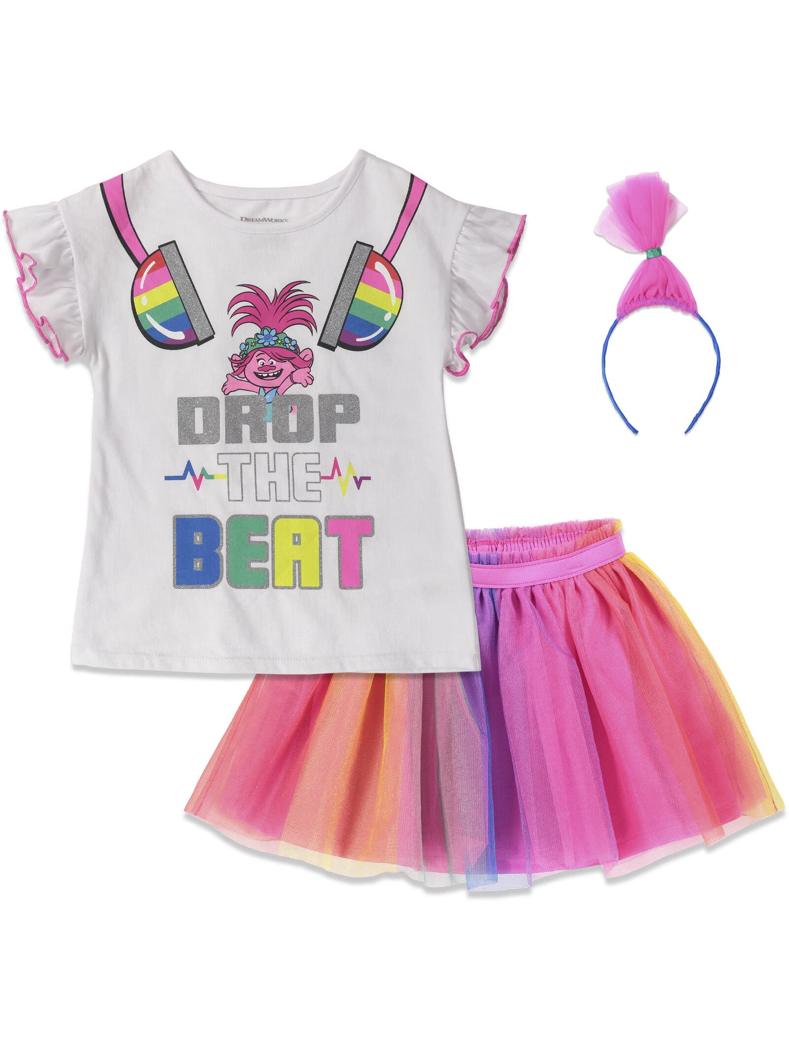 DreamWorks Trolls Poppy Little Girls Ruffle T-Shirt Skirt Headband Set White 7-8