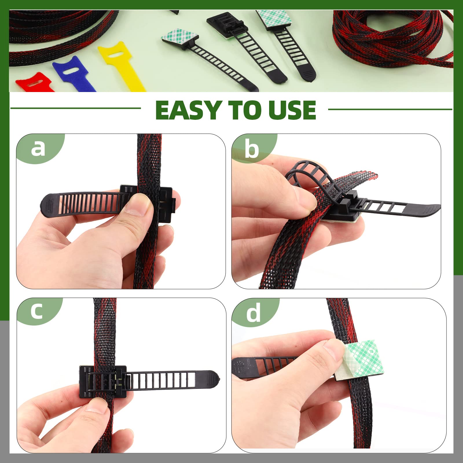 Keadic 51Pcs 1/2" 1/4" 3/4" Cable Management Wire Loom Kit Includes 16 ft Braided Cable Sleeve, Reusable Cord Ties, Heat Shrink Tube and Adhesive Nylon Zip Wire Straps for USB Audio Video