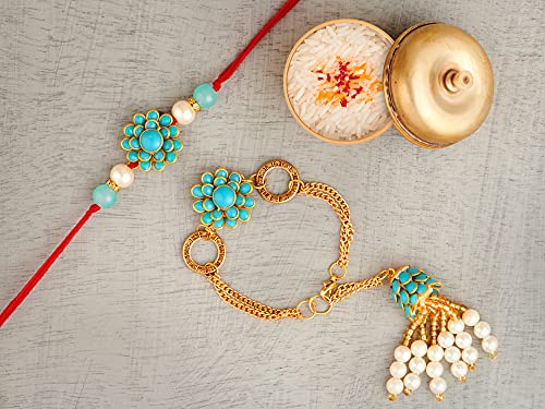 Rakhi For Brother and Bhabhi Traditional Flower Lumba Designer Fancy Bracelet on Rakshabandhan Traditional RKLM28 (Flower, Light Blue)