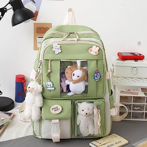 pdghiue 5-Piece Aesthetic Kawaii Backpack Set with Kawaii Pin and Pendants Accessories, Nylon Material | Durable & Adorable