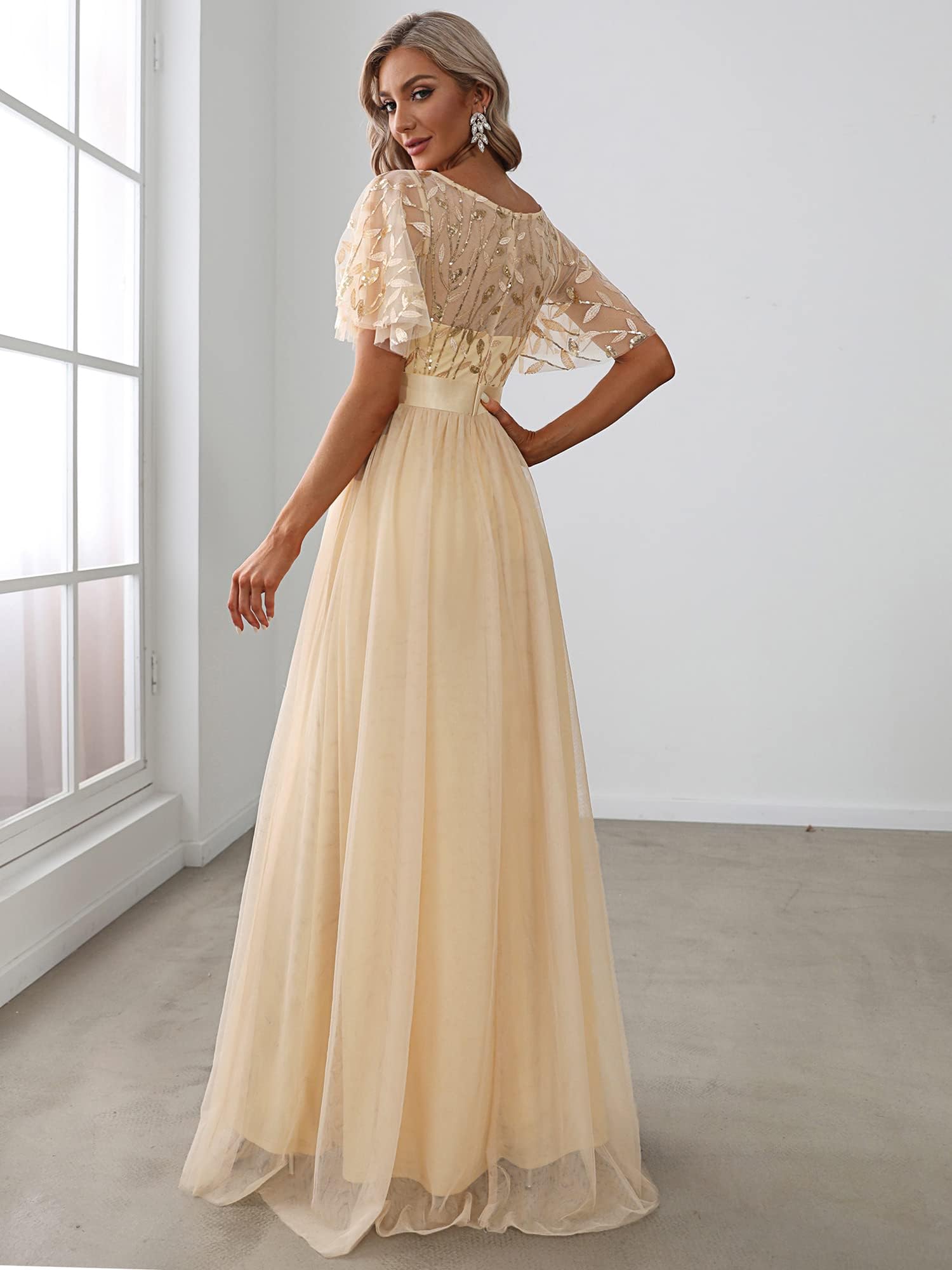 Ever-Pretty Women's Custom Sequin Embroidery Curvy Round Neck High Waist Ruffles Sleeves Long Formal Dresses Gold 9XL