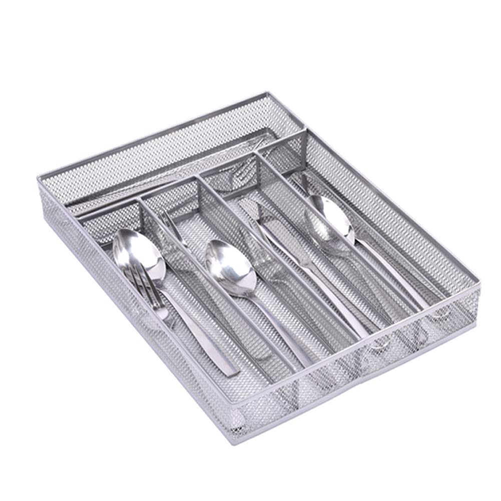 Flatware Organizers 5 Compartments, Metal Mesh Kitchen Utensil Drawer Cutlery Tray with 4 Foam Feet, Silver