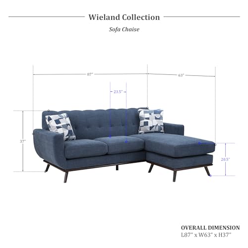 Lexicon Small Couch Mid Century Modern Sofa Living Room Sofa Couch with 2 Accent Pillows, Button Tufted Upholstered Small Sofa for Bedroom/Office/Apartment, Reversible L Shape Couch, Blue Chenille
