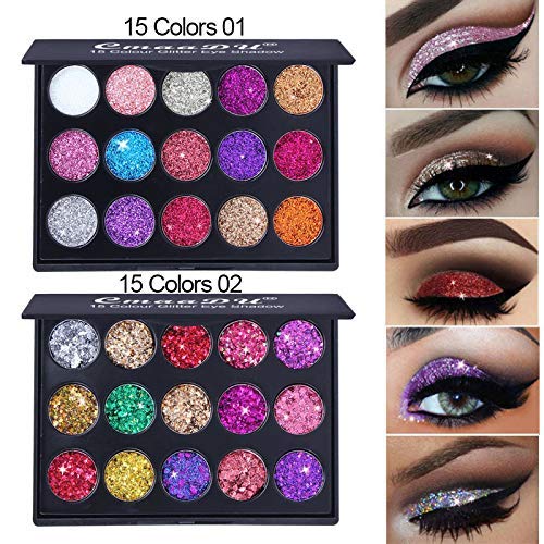 evpct 15 Colors Shimmer Glitter Sparkle Glittery Eyeshadow Makeup Palette Pallet Glitter for Girls,Pink Silver Red Rose Green Sparkling Sparkly Glitter Gel Pigment Eyeshadow Face Paint Makeup Palette