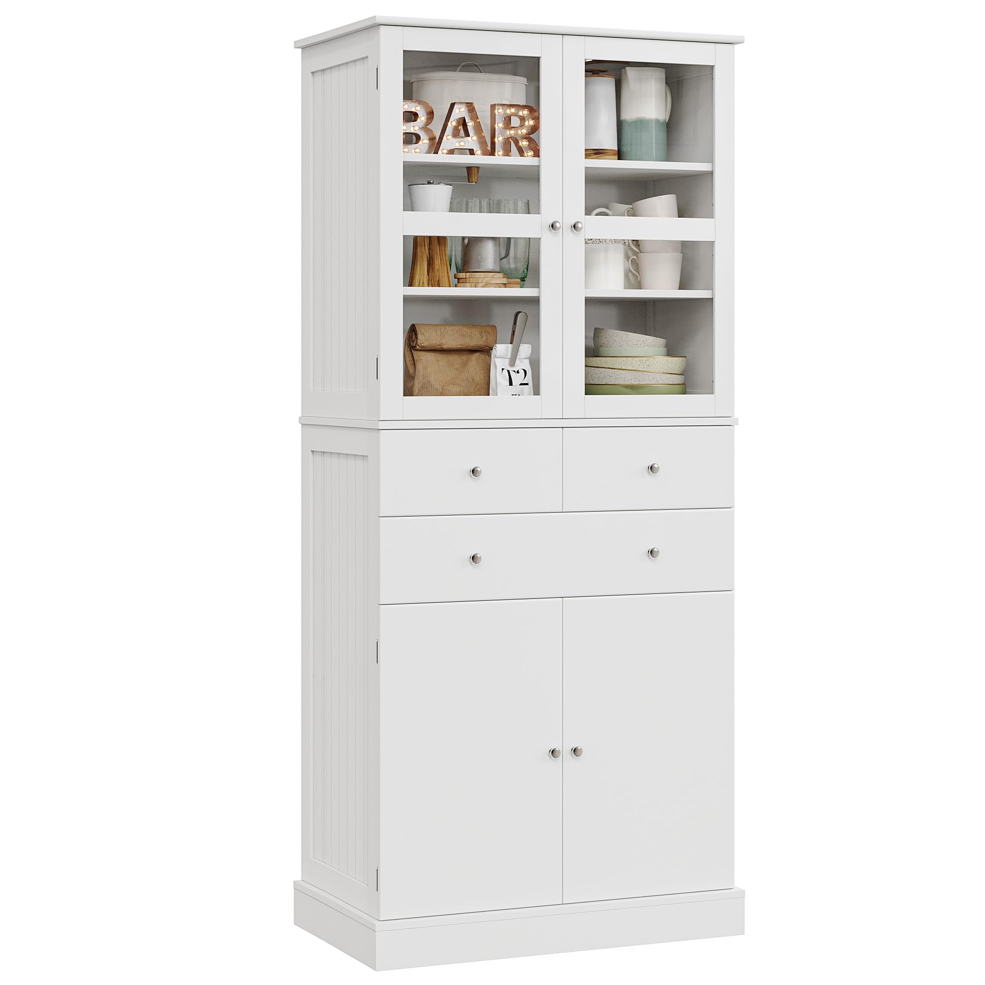 HOSTACK 71" Tall Kitchen Pantry Storage Cabinet, Freestanding Bar Cabinet with Glass Doors and Shelves, Hutch Cabinet with 2 Drawers, Cupboard for Living Room, Dining Room, White