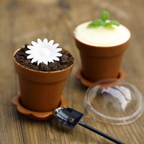 Housoutil Dessert Cups 20pcs Mini Dessert Cup, Plastic Flowerpot Cake Cups with Dome Lid, Bottom Tray and Shovel Spoon, Small Flower Pot Ice Cream Cups for Pudding Mousse DIY Baking Flower Pot Cupcake