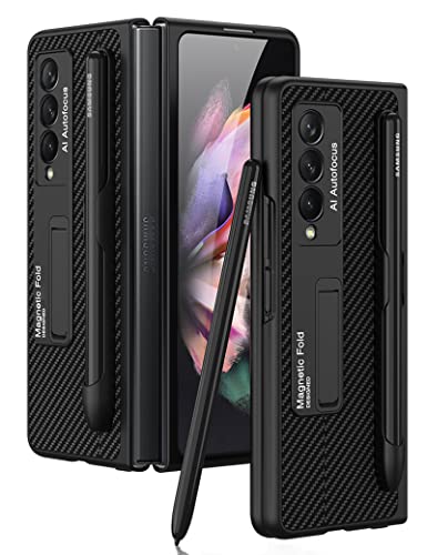 KumWum Phone Case for Samsung Galaxy Z Fold 3 5G Ultra-Thin Back Cover Protection Shockproof Bumper with S Pen Holder & Kickstand - Carbon Fiber