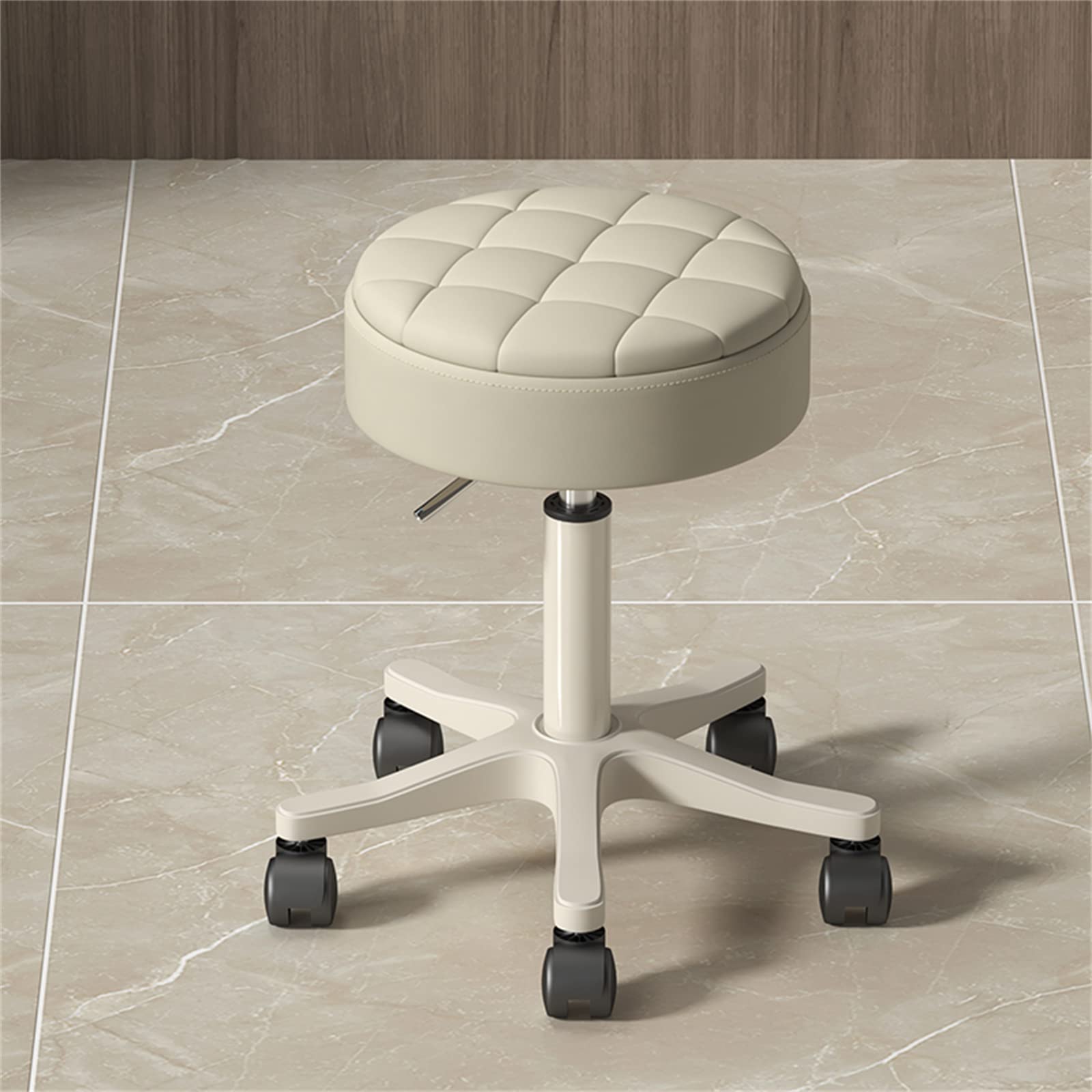 JHKZUDG Round Rolling Stool with Wheels,PU Leather Height Adjustable Salon Stool,360° Swivel Work Office Massage Stool, for Spa/Salon/Tattoo Work,Light Gray
