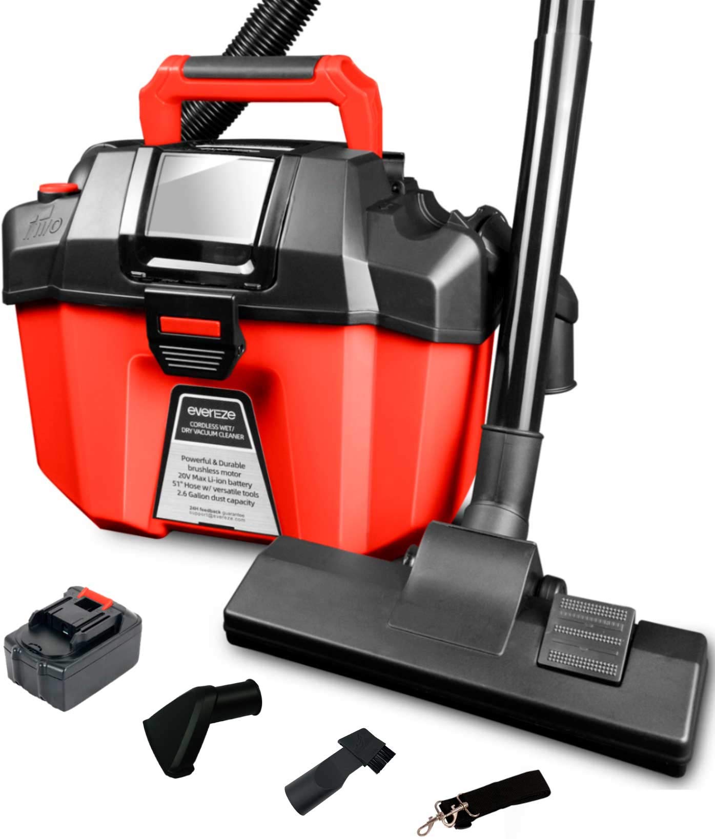 Evereze Cordless Shop Wet Dry Vacuum Cleaner 2 Peak HP 2.6 Gallon Lightweight Powerful Suction Detachable 2.0Ah Battery for Garage, Car, Home & Workshop -V20 Plus