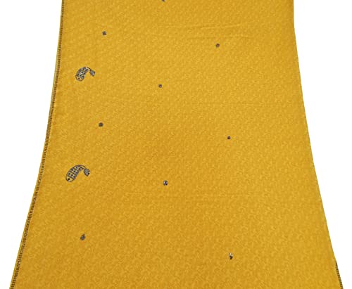 Peegli Indian Vintage Yellow Saree Paisley Pattern Sequins Work Sari Georgette DIY Craft Fabric