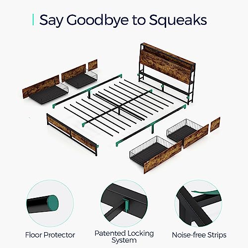 LINSY Full Size Bed Frame with 4 Drawers & Headboard, Bed Frame with RGB Lights & Fast Charger, Fast Assembly Bed Frame Full with Storage, No Box Spring Needed, Rustic Brown