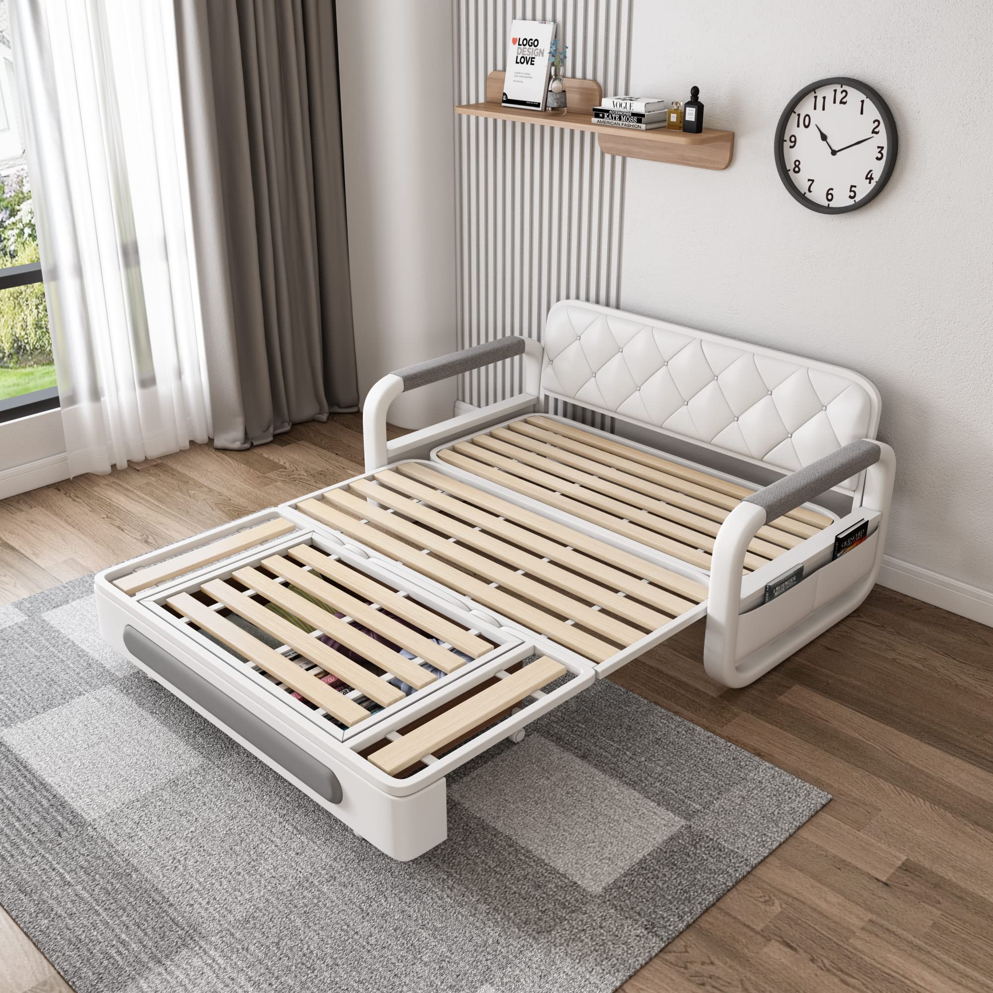 Luck Idea 62" Modern Light Gray Cotton Linen Upholstered Convertible Pull Out Sofa Bed with Storage, Perfect for Living Room or Bedroom (34.6" D x 62.2" W x 34.2" H)