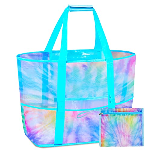 Nidoul Mesh Beach Bag, Beach Tote Bag with Zipper Pocket, Packable Large Beach Bags for Women Kids Vacation Travel Pool Swim
