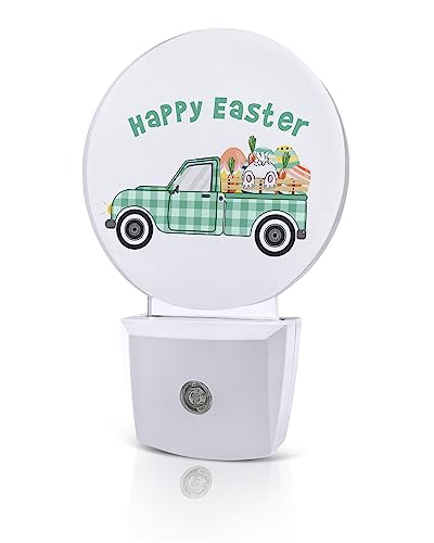Night Light Plug into Wall, LED Nightlights Happy Easter Green Plaid Truck Pull Eggs and Bunny Small Nightlight Auto Dusk-to-Dawn Sensor Lamp LED Night Lights for Kid's Bedroom, Bathroom