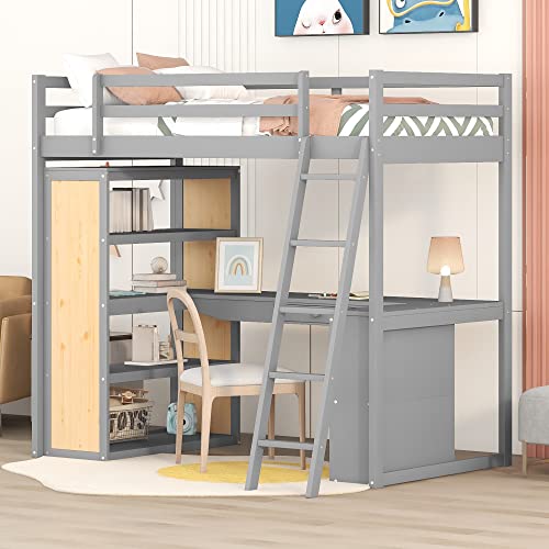 Harper & Bright Designs Loft Bed with Desk and Drawer, Wood Twin Desk,Shelves Cabinet Underneath, High Storage for Kids, Boys,Girls,Teens (Grey), Twin(Desk+Shelves+Ladder)