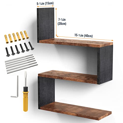 NiHome Floating Wall Shelves 3-Pack, Hanging Corner Shelves, Rustic Wood Book Shelves, Corner Bookshelf for Bedroom, Living Room, Bathroom, Wall Mounted Decor (Black & Brown)