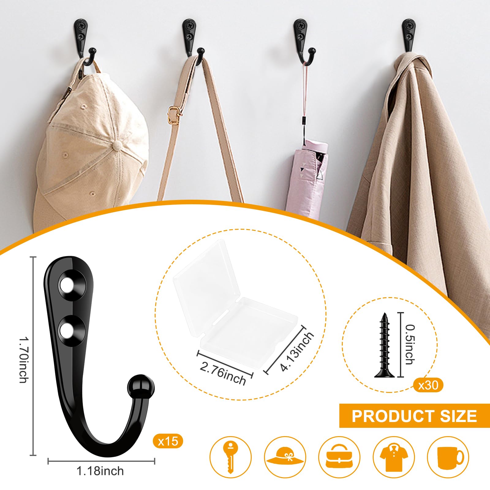Poeuo 20 Pcs Black Wall Mounted Coat Hooks, Coat Hook Holder, Hanger Hook with 40 Pieces Screws for Hanging Hat, Towel, Robe, Cup, Mugs, Kitchen