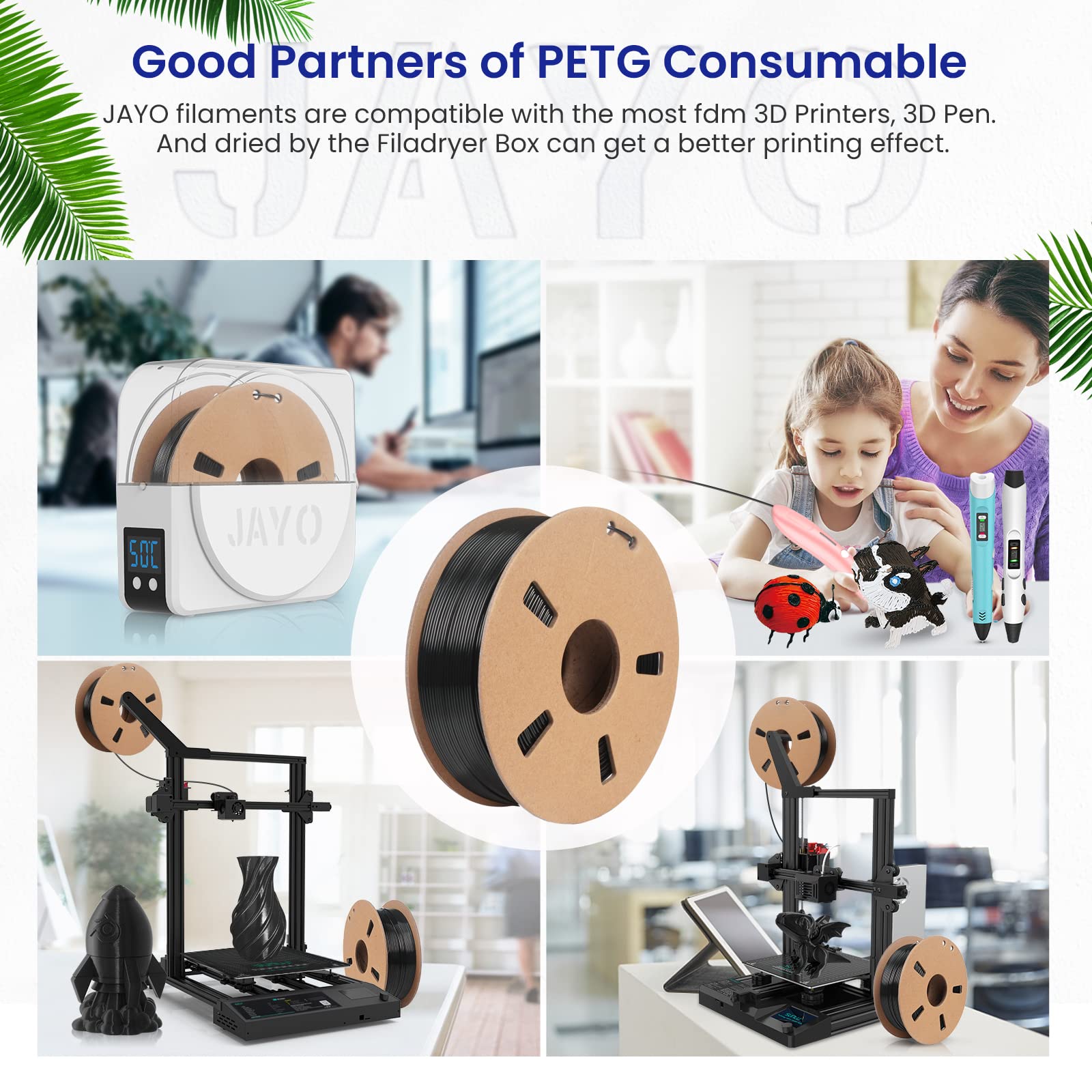 JAYO PETG 3D Printer Filament Bundles, PETG Filament 0.65KG*8 Rolls Cardboard Spools 1.75mm, Consumable Dimensional Accuracy +/-0.02mm, 5.2KG Printing Material Fits FDM 3D Printers, PETG 650G×8 Colors