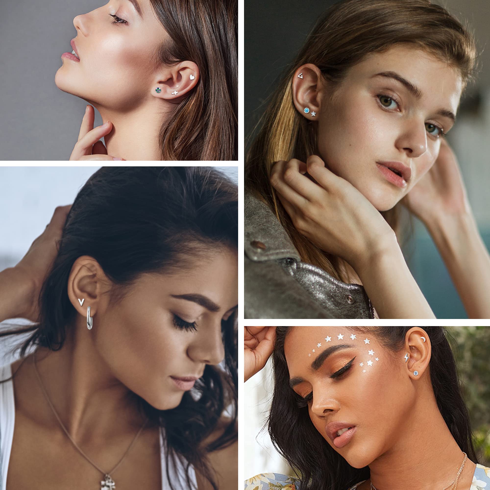 FIBO STEEL 21Pairs Flat Back Earrings for Women 20G Tiny Cartilage Earrings Stud Earrings Heart Butterfly CZ Tragus Daith Helix Ear Piercing Screw Back Earrings Pack Silver Tone