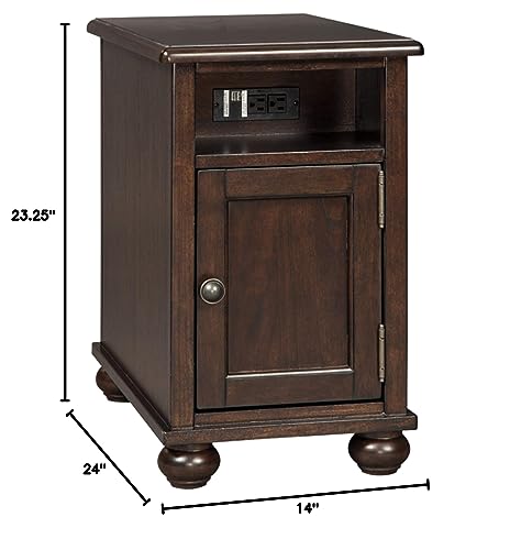 Signature Design by Ashley Barilanni Traditional Chair Side End Table with 1 Storage Cubby, 2 Fixed Shelves, 2 USB Ports & Outlets, Dark Brown