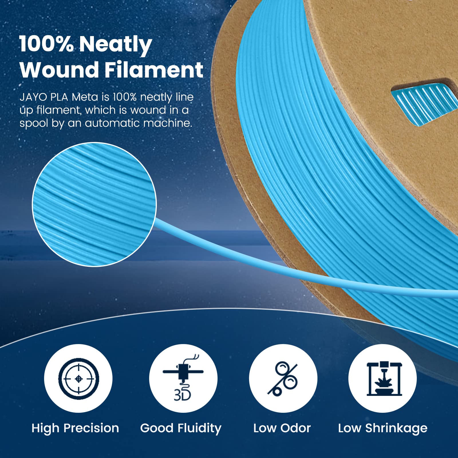 JAYO PLA 3D Printer Filament, PLA Meta Filament 1.75mm 0.65KG Spool, Toughness and High Liquidity Neatly Wound Filament, Dimensional Accuracy +/- 0.02mm, Fit Most FDM 3D Printers, Black