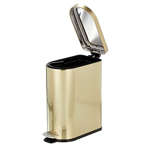 mDesign Small 2.6 Gallon Stainless Steel Metal Step Trash Can Garbage Bin for Bathroom, Bedroom, Home Office - D-Shape Trashcan with Foot Pedal/Lid, Removable Liner Bucket with Handles, Soft Brass