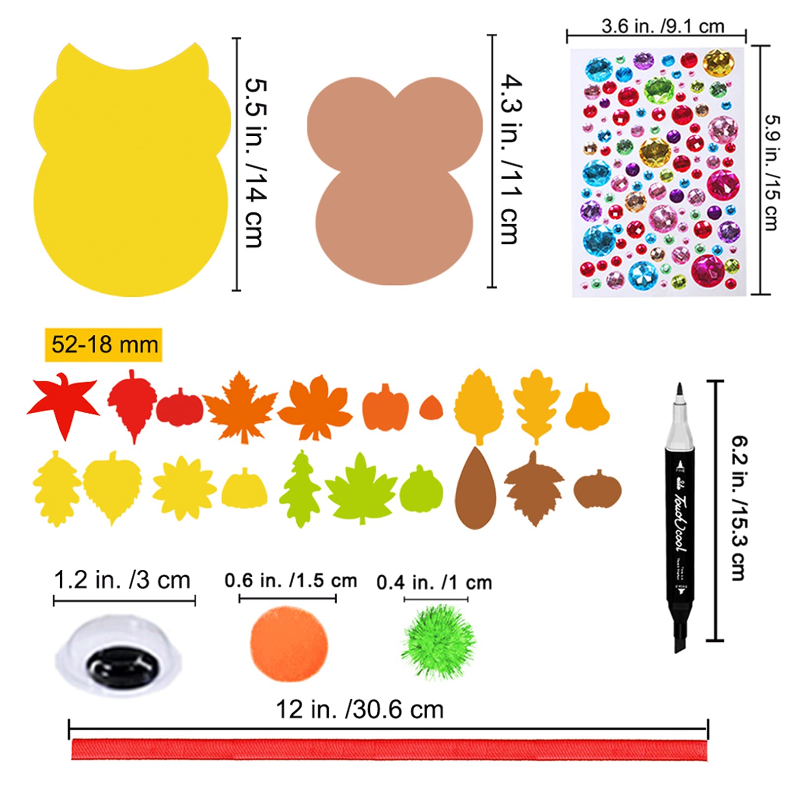 Winlyn 24 Sets Foam Owl Decorations DIY Owl Fall Craft Kit Assorted Foam Owl Shapes with Autumn Leaves Pumpkins Googly Eyes Pom-Poms for Kids Gift Halloween Thanksgiving Holiday Classroom Art Activity