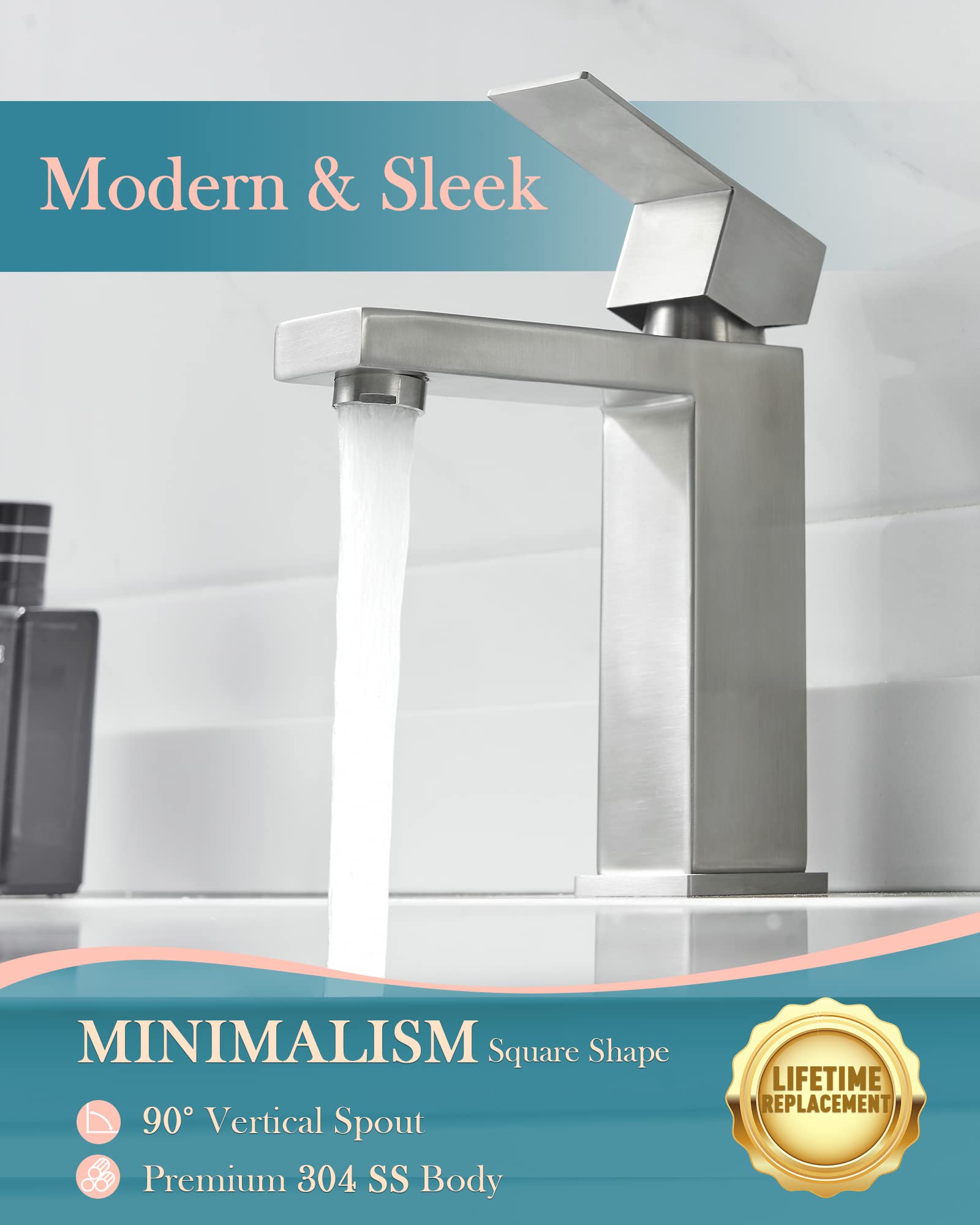 KUZOR Bathroom Faucets Single Hole, Brushed Nickel Bathroom Sink Faucet One Hole 1 Handle, 304 Stainless Steel Modern Faucet for Bathroom Sink Square