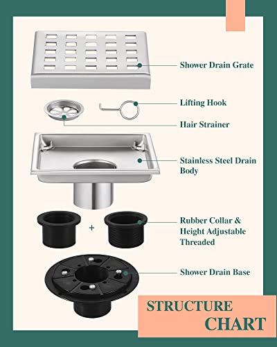 KUZOR Square Shower Drain 4 inch, Brushed Nickel 2 Pack Floor Drains for Shower with Flange and Hair Strainer, Brushed 304 Stainless Steel Quadrato Pattern Grate Removable, Fast 6.5 GPM Drainage