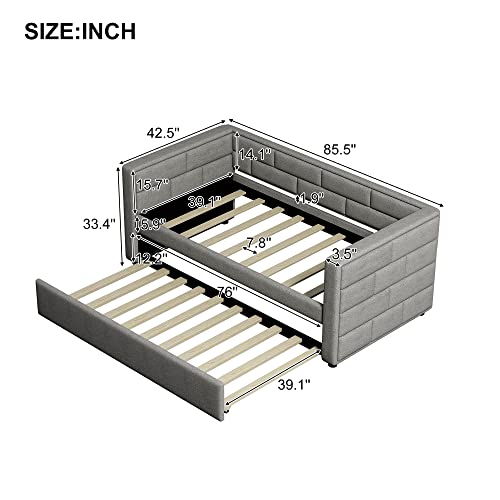 TARTOP Twin Upholstered Daybed with Trundle, Wooden Daybed Sofa Bed Frame with Padded Back, Twin Captain’s Bed for Living Room Bedroom,Gray