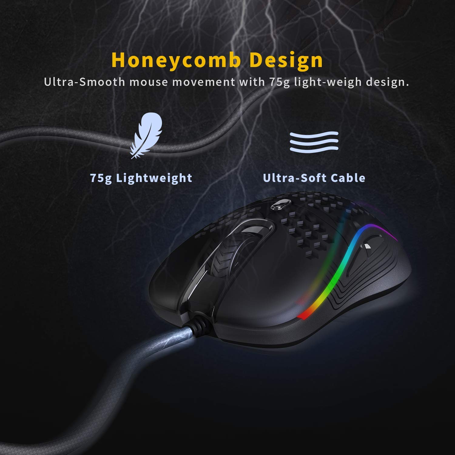 DREVO Owlet Wired RGB Lightweight Gaming Mouse, PixArt PMW3325 Max 10000 DPI, Ambidextrous Design for Left&Right Hand, 8 Programmable Buttons, Honeycomb Shell with Ultra-Weave Cable