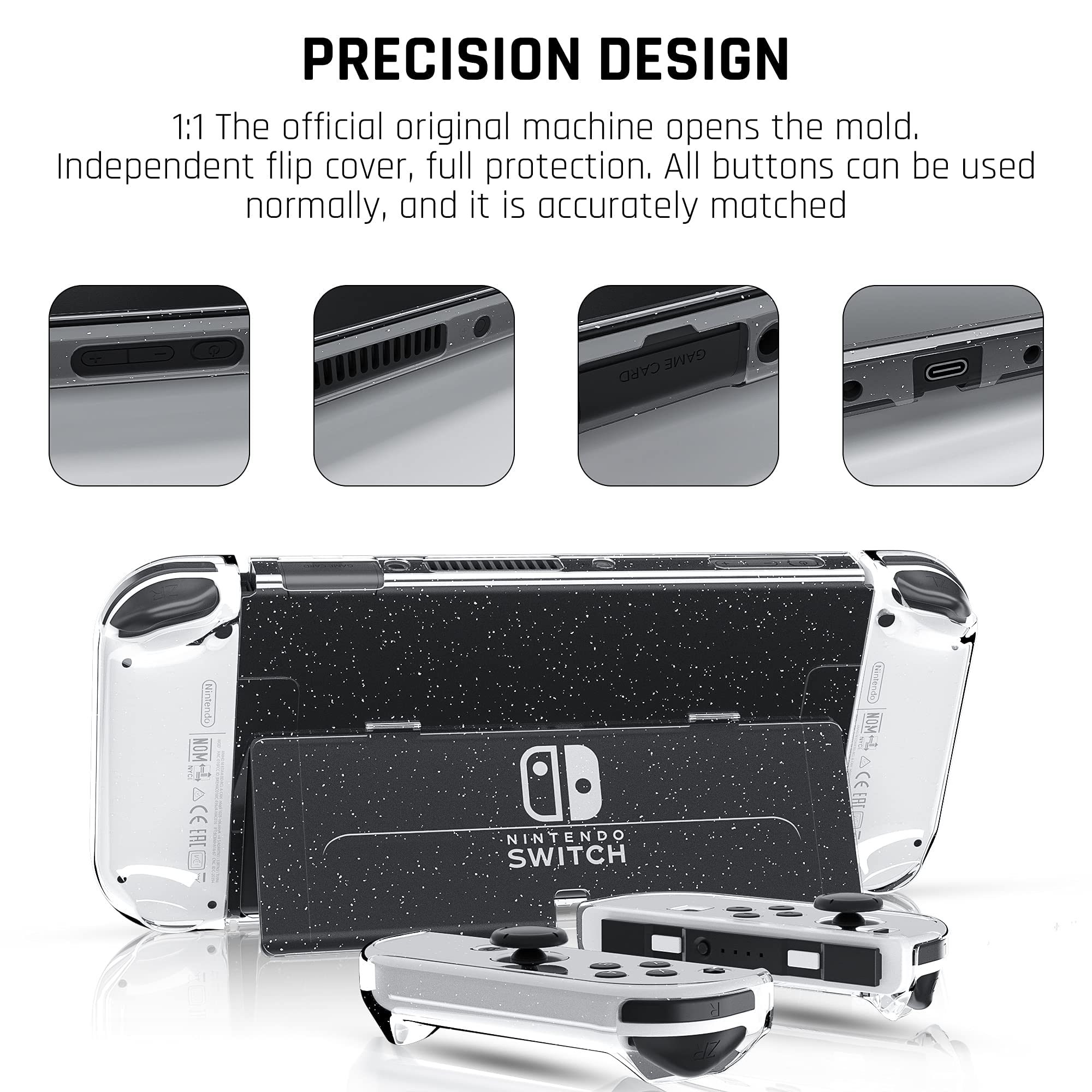 GLDRAM Glitter Case for Nintendo Switch OLED Model 2021 with Screen Protector and 12 PCS Thumb Caps, Clear Protective Hard Cover for Switch OLED Console & JoyCon - Ultra-Slim & Flip Shell