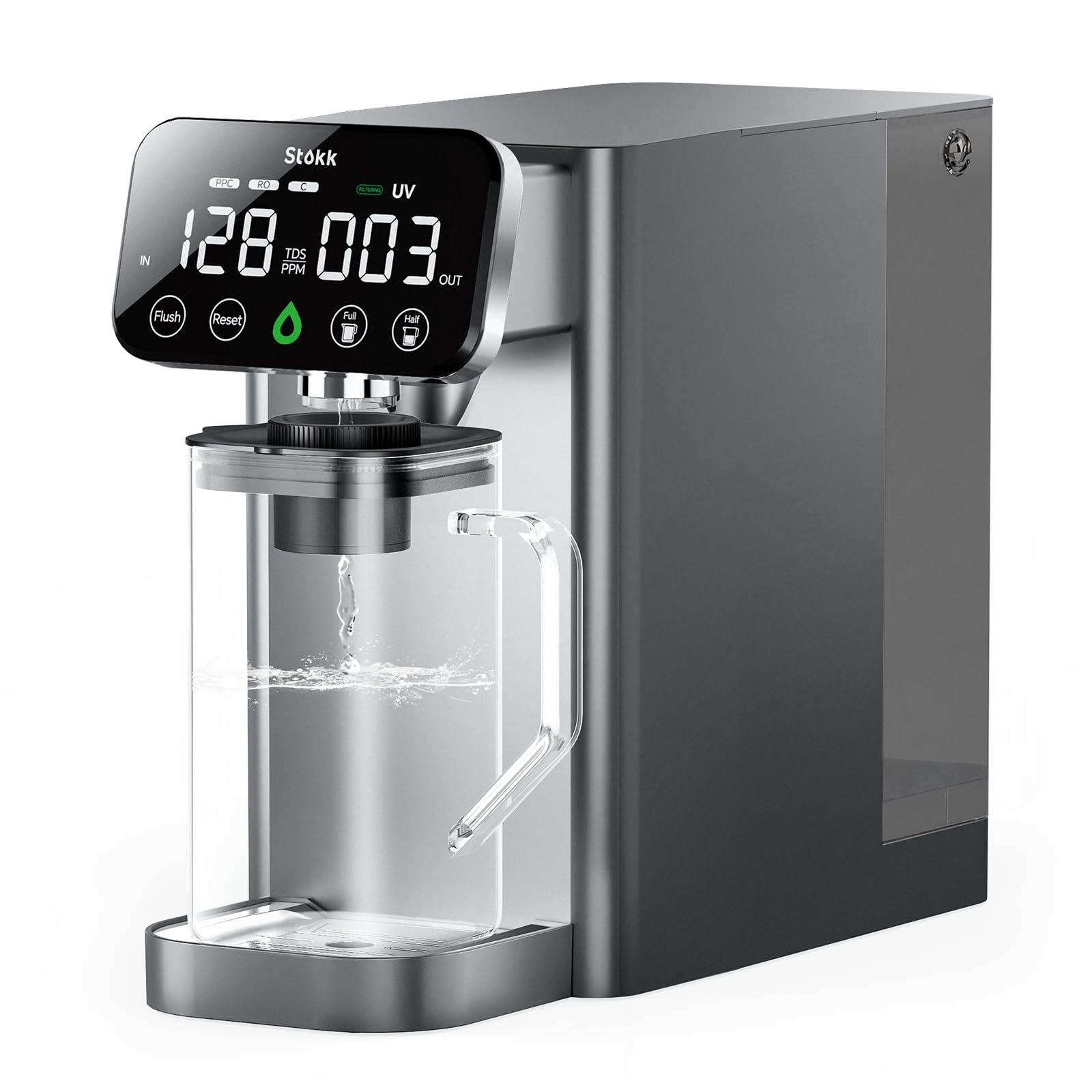 Stokk T1 Lite UV Reverse Osmosis Water Filter Countertop, Reverse Osmosis System with Carafe Alkaline Boost, 6-Stage RO Water Filtration System, NSF/ANSI 58&372, Reduce TDS PFAS Water Purifier (Gray)