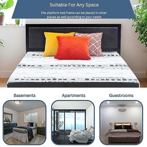 Viscologic Bed Frame, Modern Design with Upholstered Headboard, Metal Frame and Wooden Slat Support, Full