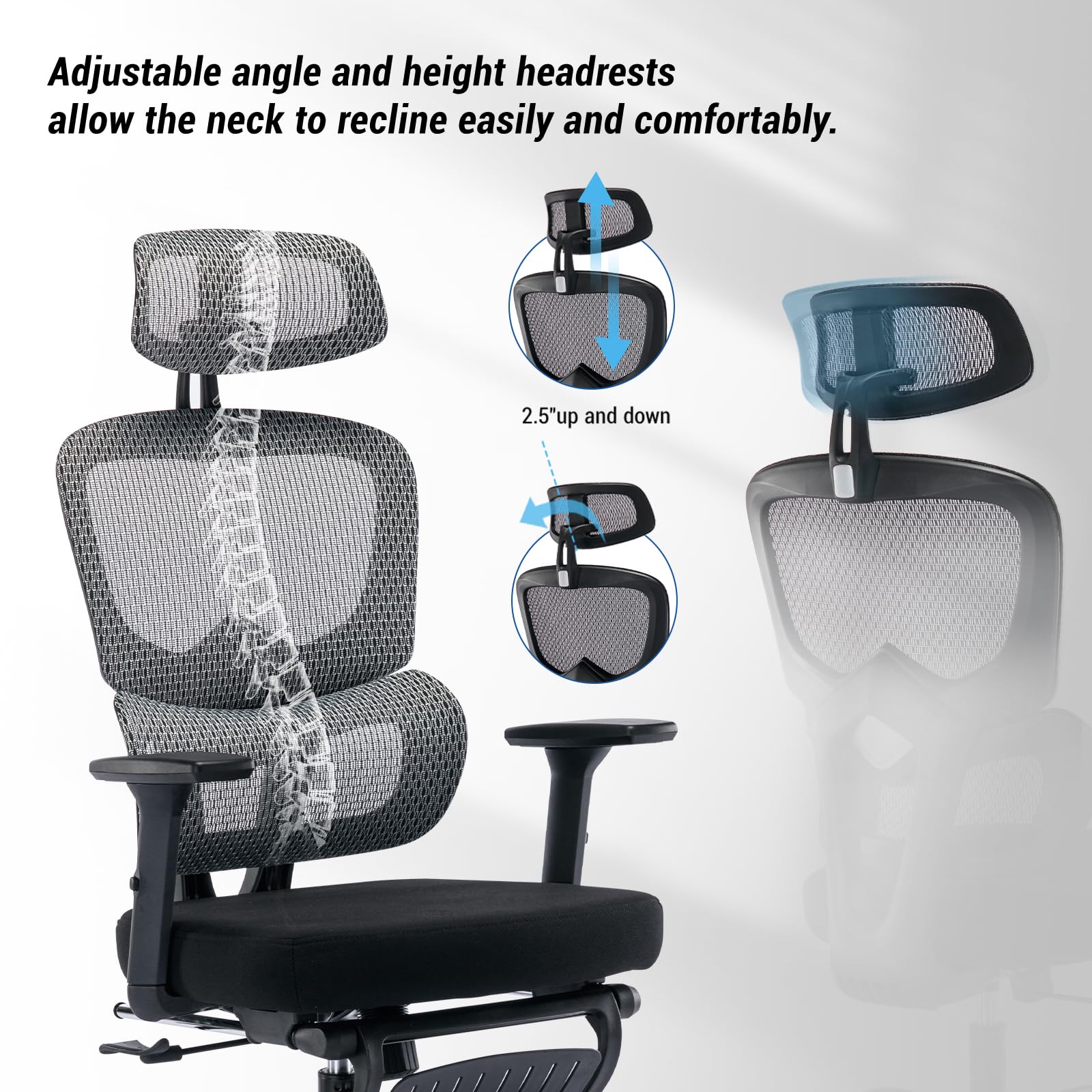 DOXACEF Ergonomic Office Chair with Footrest Lumbar Support High Back Desk Chair with Adjustable 3D Metal Armrest Breathable Mesh Computer Chair for Adults (Black&Grey)