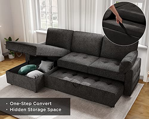 VanAcc Pull Out Sofa Bed, Modern Tufted Convertible Sleeper Sofa, Chenille Sleeper Sectional Couch Bed with Storage Chaise, L Shaped Sofa Couch for Living Room (Dark Grey)