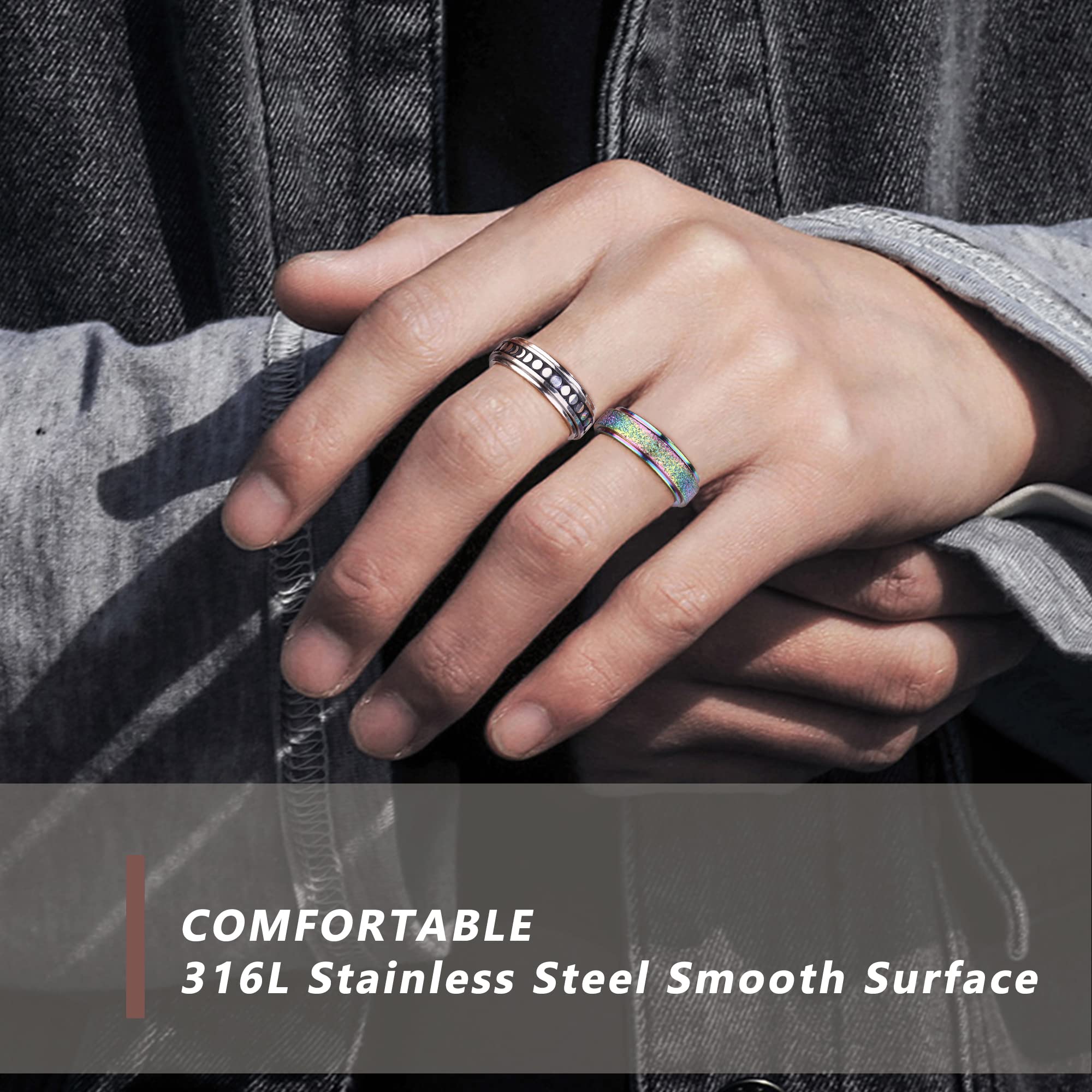 FIBO STEEL 9Pcs Stainless Steel Spinner Fidget Ring for Women Band Rings Moon Star Sand Blast Finish Ring Set for Stress Relieving Wedding Promise Size 9