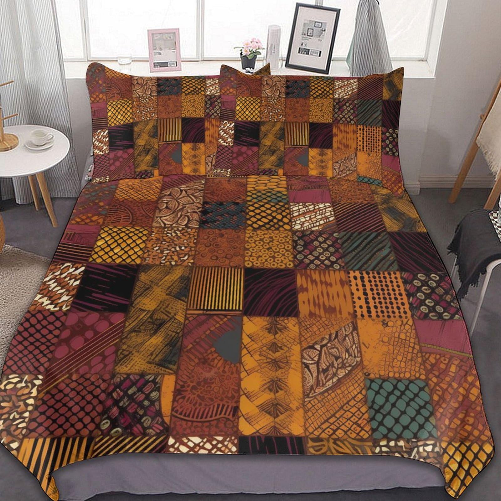 HotcoS African Style Patchwork Comforter Set Queen 3 Pieces Bedding Set Lightweight Soft Bedding Comforter Sets for All Season with 1 Duvet Cover 90"x90" 2 Pillow Shams 30'' X 20''