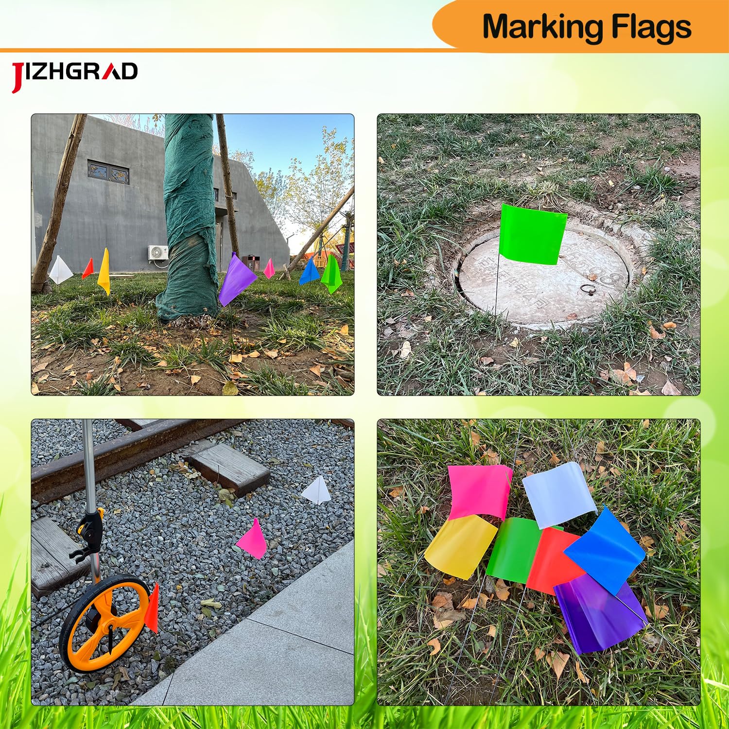 JIZHGRAD White Marking Flags for Lawn, 100 Pack Yard Flags | 4x5x16 Inch, Boundary Flags Dog Training,Marker Flags,Invisible Fence, Lawn/Survey/Landscape/Sprinkler/Surveyor/Stake Flags
