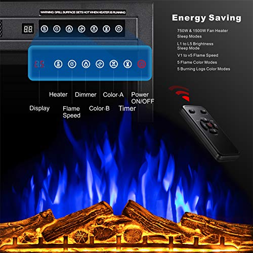 Xbeauty 34 Inch Electric Fireplace Inserts Electric Heater with Remote Control & Timer &3 Colors, Overheating Protection,Touch Screen,750W/1500W