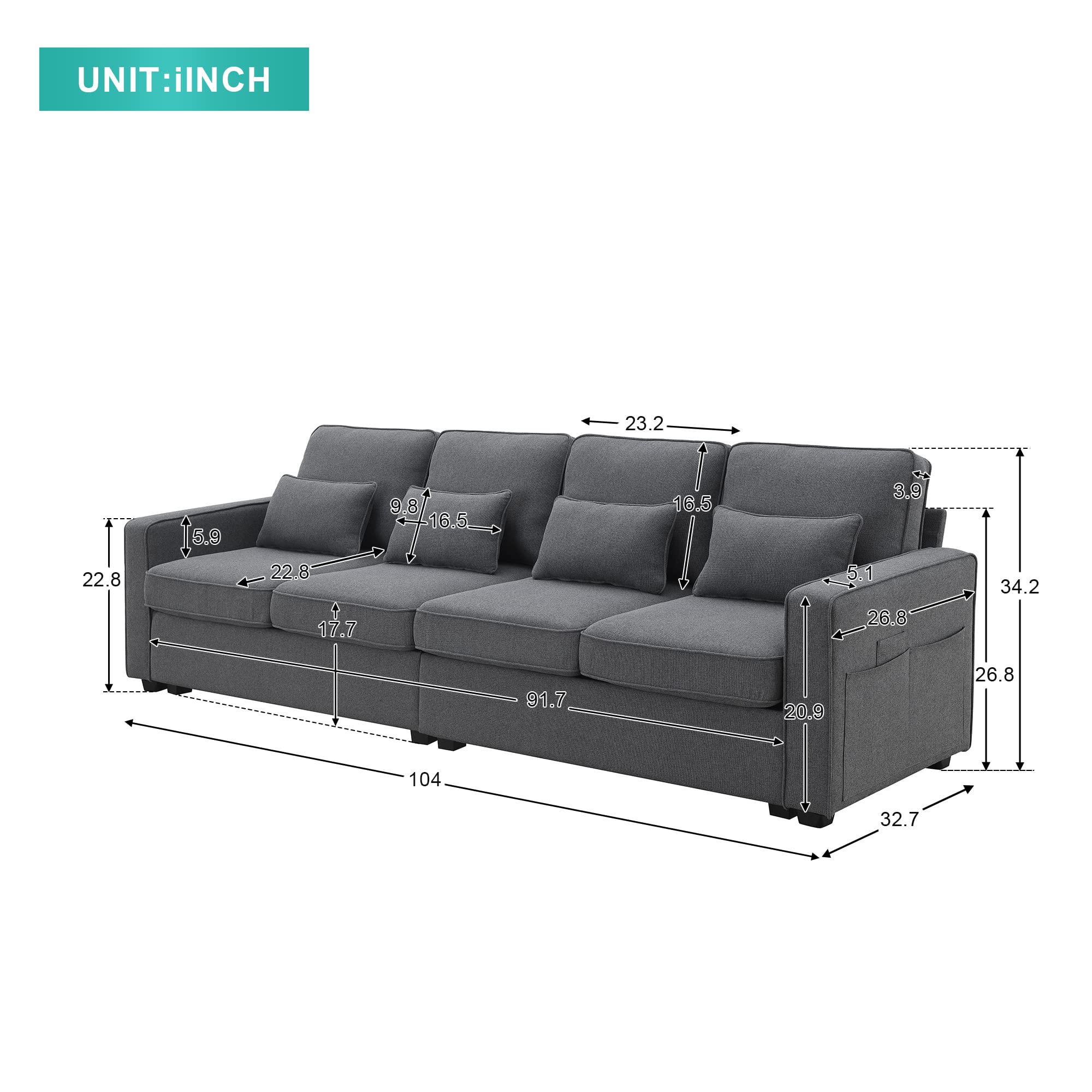 P PURLOVE 4-Seater Modern Sectional Sofa, 104" Modular Fabric Long Sofa Couch with Armrest Pockets and 4 Pillows,Minimalist Living Room Sofa Couch for Apartment,Office