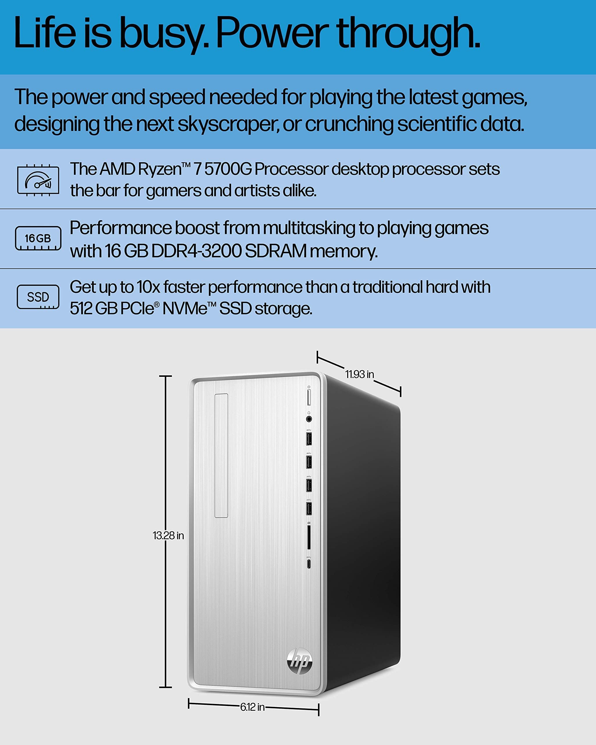 HP 2022 Newest Pavilion Desktop PC, AMD Ryzen 7 5700G Processor, 16GB RAM, 1TB SSD, 1TB HDD, AMD Radeon Graphics, Wi-Fi, Bluetooth, Keyboard and Mouse Combo, Windows 11 Home, Bundle with JAWFOAL